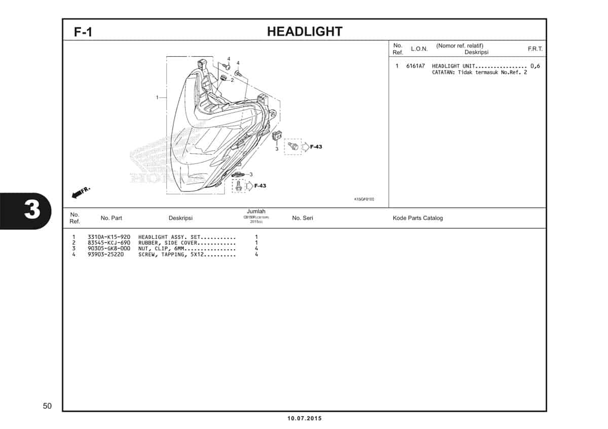 F1 – Headlight – Katalog Honda New CB150R StreetFire K15G | Kedaiban