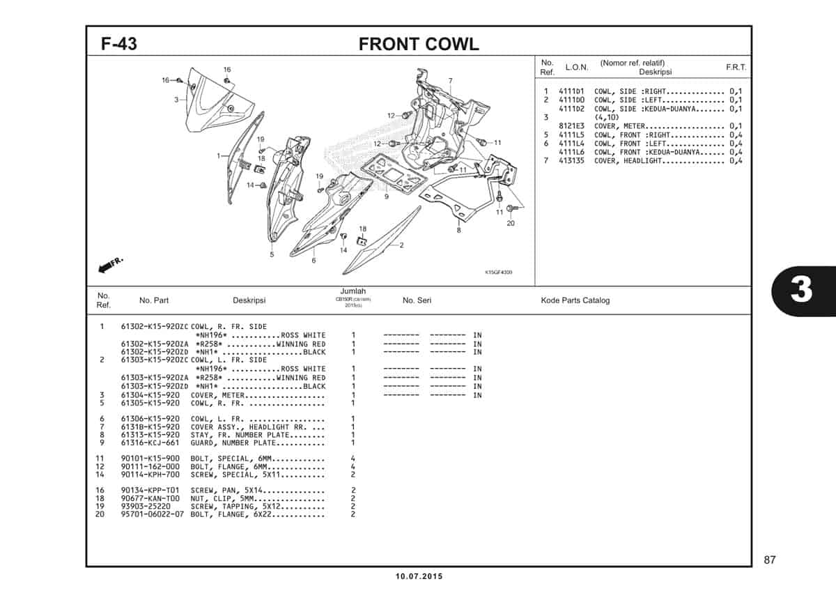 F43 – Front Cowl – Katalog Honda New CB150R StreetFire K15G | Kedaiban