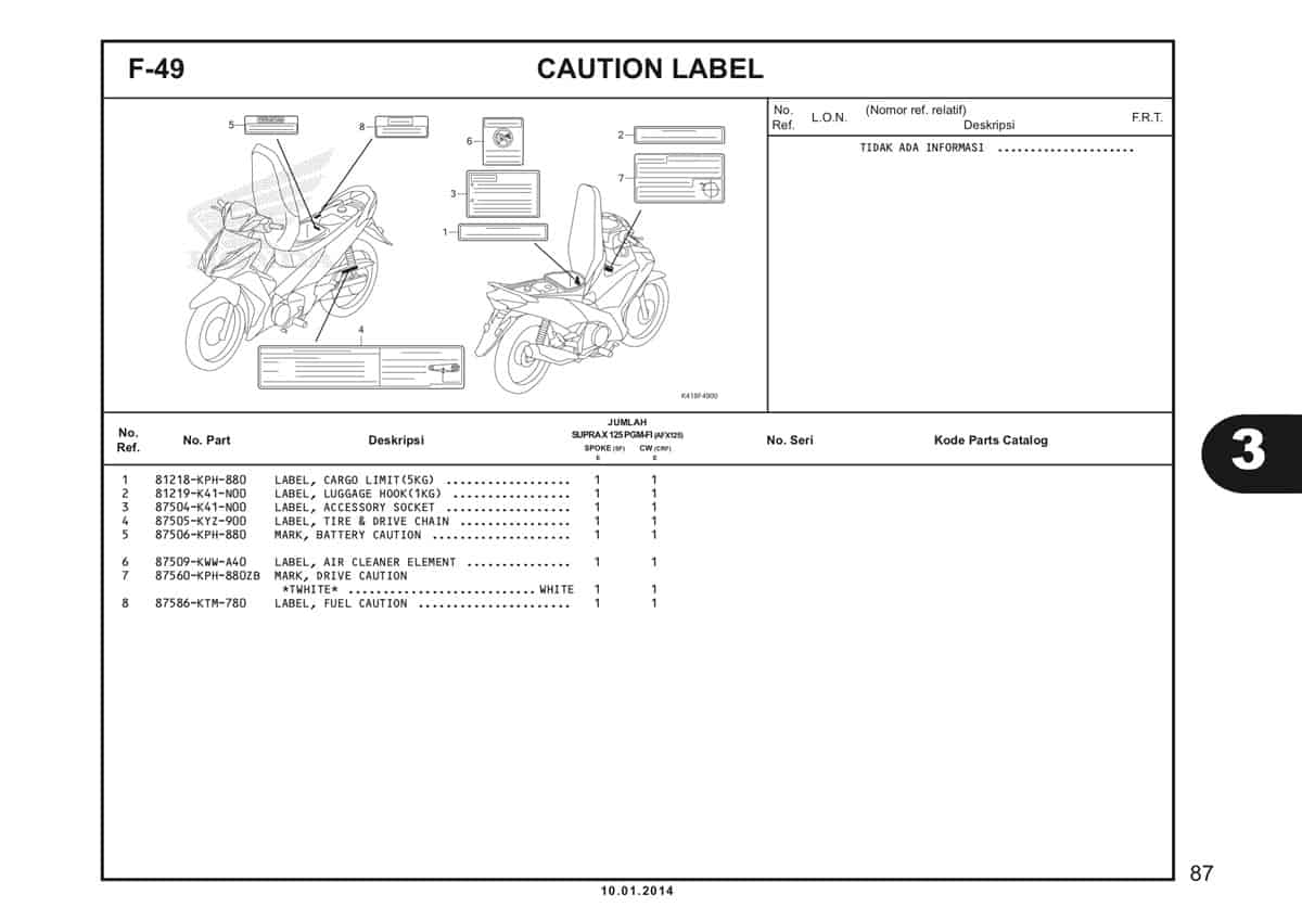 F49 – Caution Label – Katalog Honda Supra X 125 FI K41 | Kedaiban